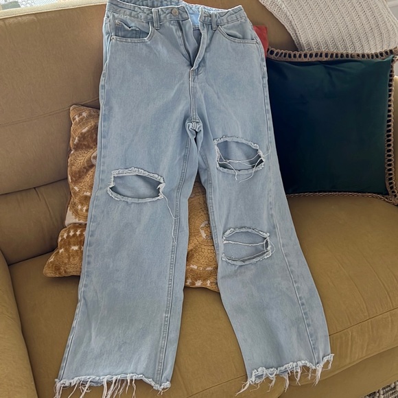 Jeans | Wide Leg Distressed Light Blue Denim Jeans In Great Condition ...